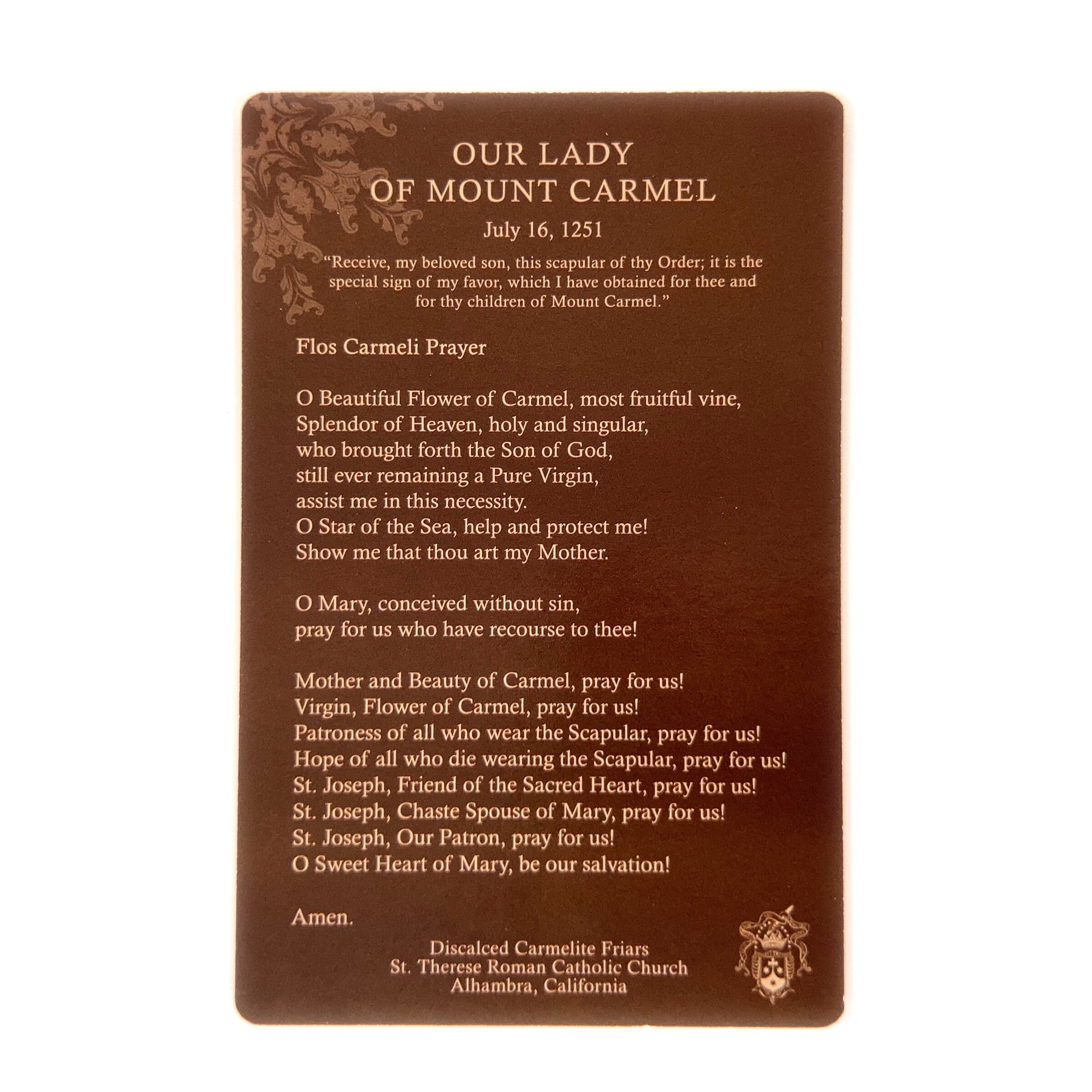 Our Lady of Mount Carmel Prayer Card Sale Benefits Carmelite | Etsy