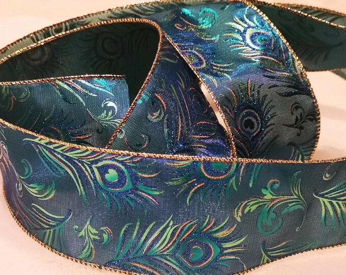 2.5 Peacock Ribbon, Peacock Feather Ribbon, Peacock Blue Wired Gold ...