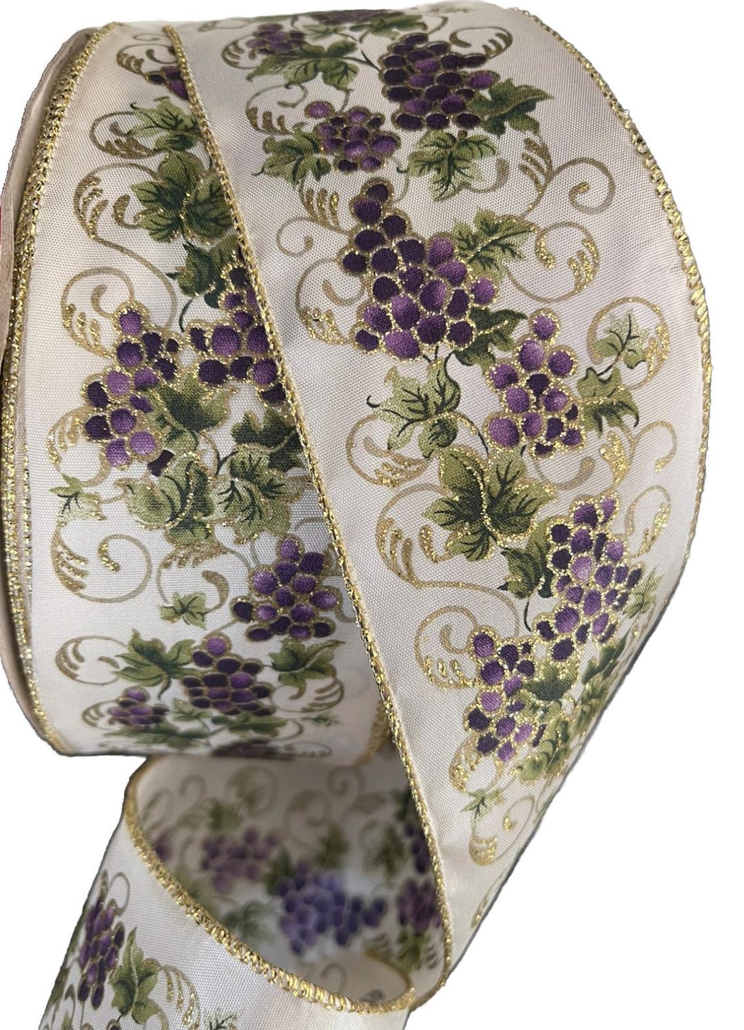 2.5” Wired Ribbon “wine Grapes” RIBBON Gold Wire Edge & Accents, Grapes ...