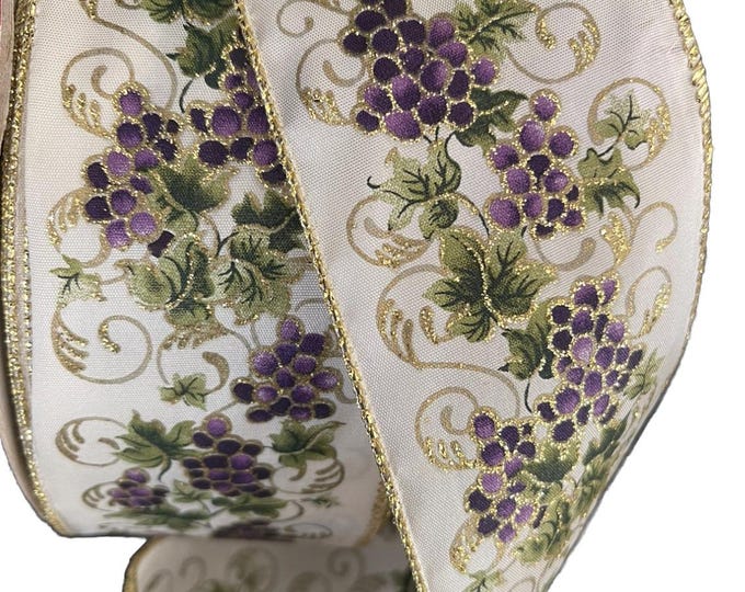 2.5” Wired Ribbon “wine Grapes” RIBBON Gold Wire Edge & Accents, Grapes ...