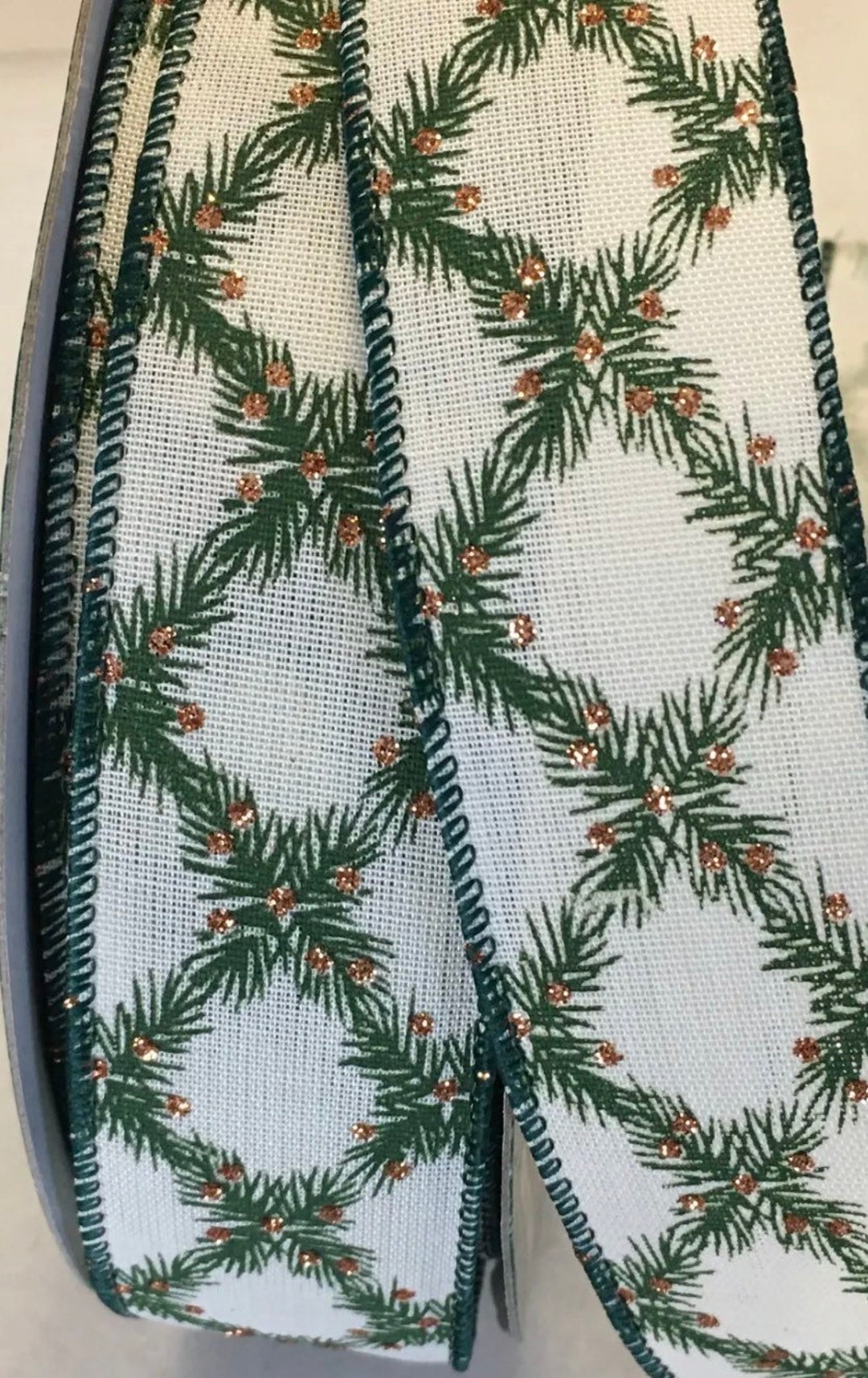 1.5 Christmas Ribbon, Green Garland With Gold Accents & Wired Gold Edge ...
