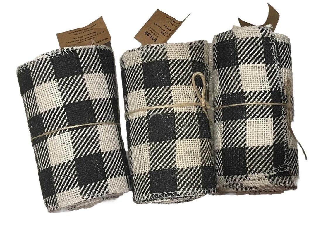 Burlap Buffalo Check Woven Black & White Fabric Craft Ribbon 5.5" × ...