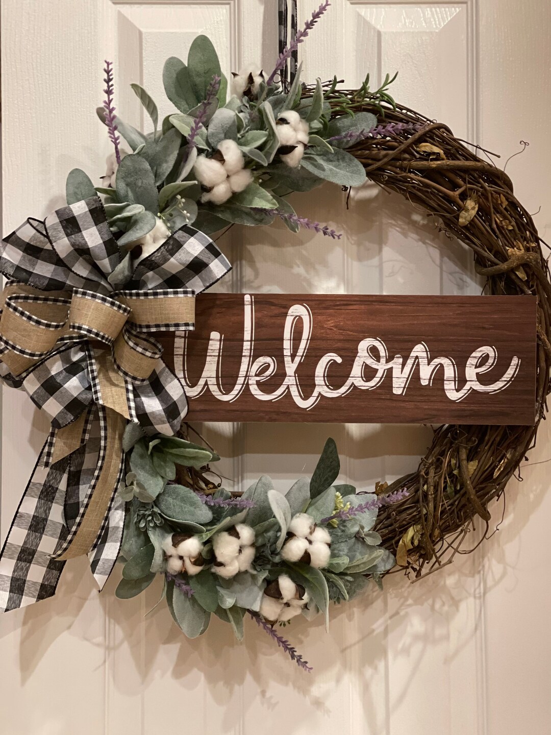 Large 18” Hand Crafted Grapevine “welcome” Wreath Grey Green Lambs Ear ...