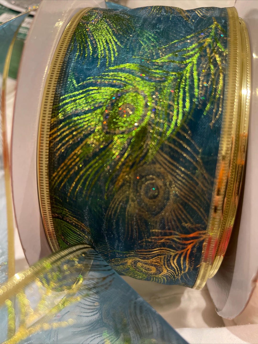 2.5 Peacock Ribbon, Peacock Feather Semi Sheer Ribbon, Peacock Blue ...