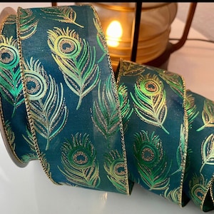 2.5 Peacock Ribbon, Peacock Feather Ribbon, Peacock Blue Wired Gold ...
