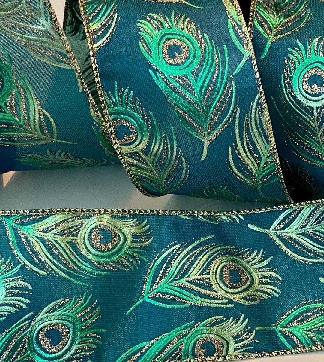 2.5 Peacock Ribbon, Peacock Feather Ribbon, Peacock Blue Wired Gold ...