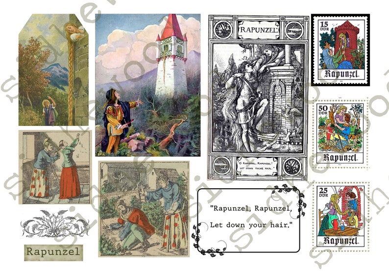 Rapunzel Collage Sheet - Words and Pictures for Junk Journals, Paper ...
