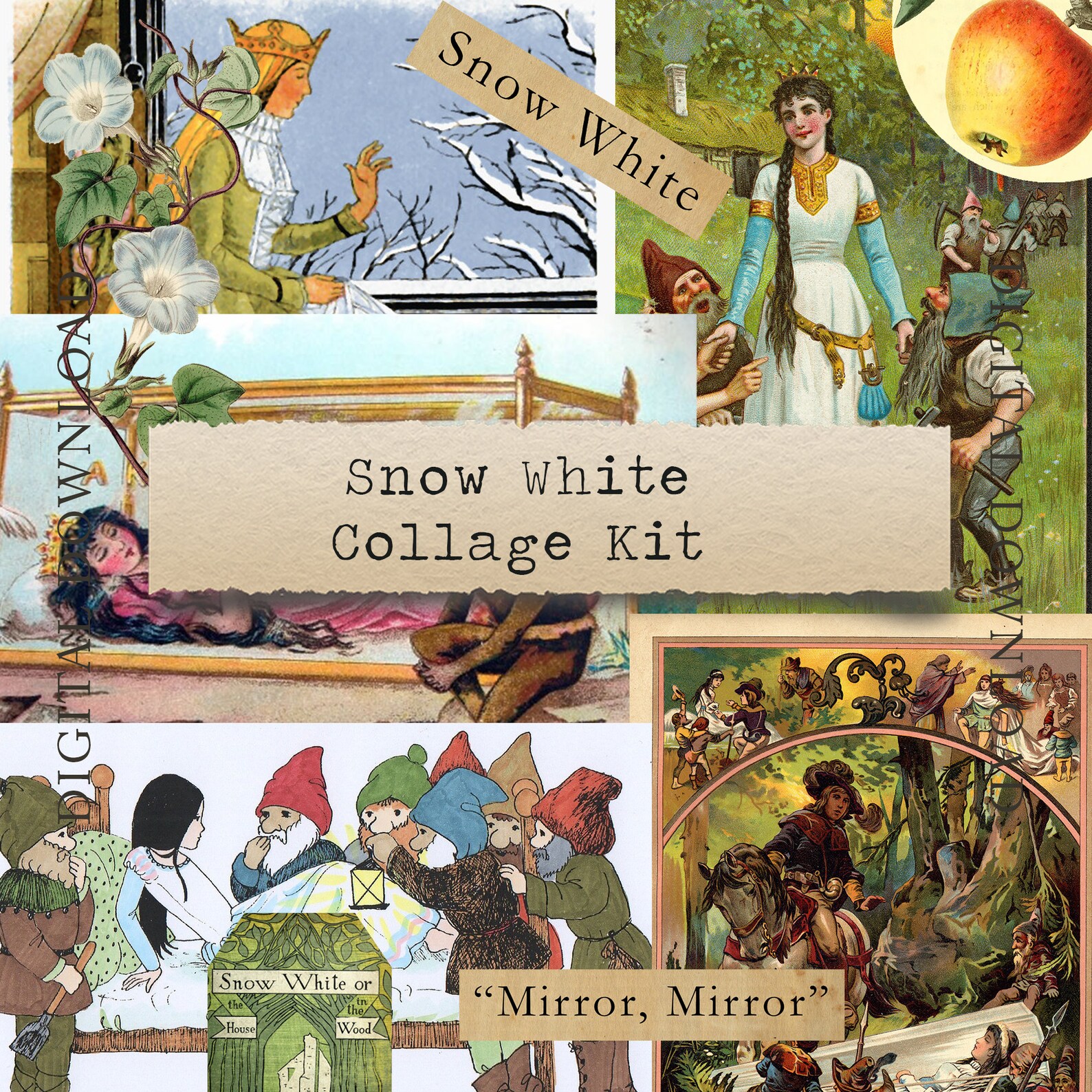 Snow White Collage Sheet - Words and Pictures for Junk Journals, Paper ...