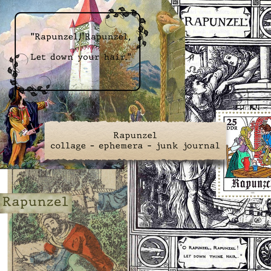 Rapunzel Collage Sheet - Words and Pictures for Junk Journals, Paper ...