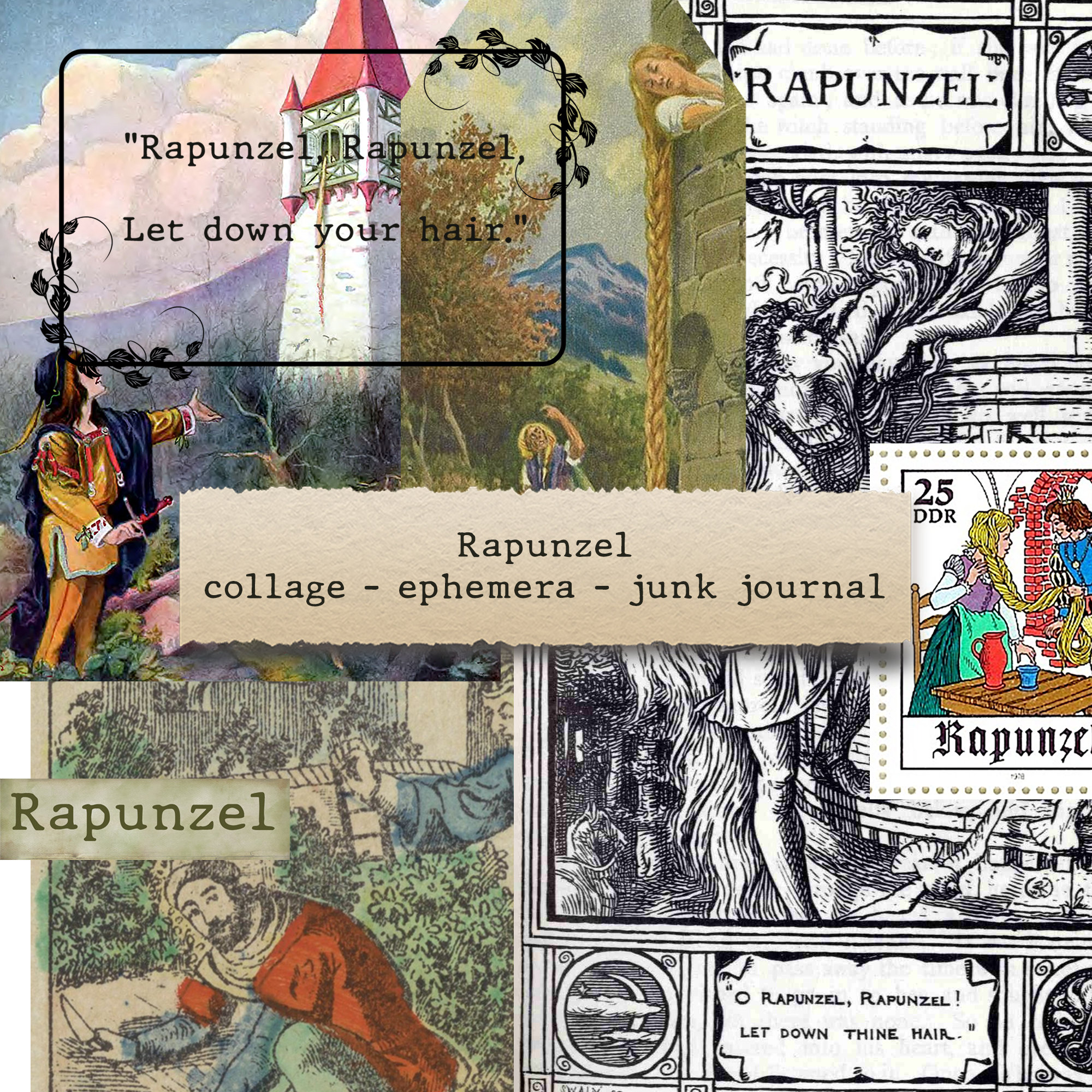 Rapunzel Collage Sheet - Words and Pictures for Junk Journals, Paper ...