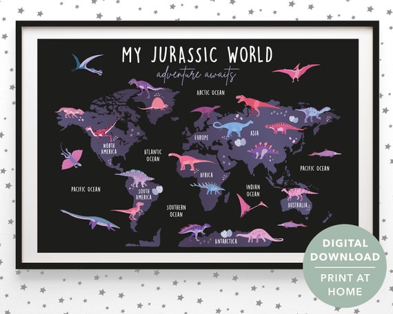 DIGITAL DOWNLOAD Dinosaur World Map Print Print at Home | Etsy