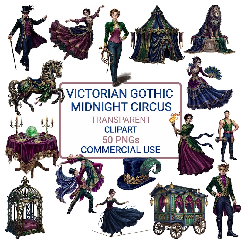 Victorian Gothic Circus Clipart Bundle Vintage Midnight Circus PNG Set ...