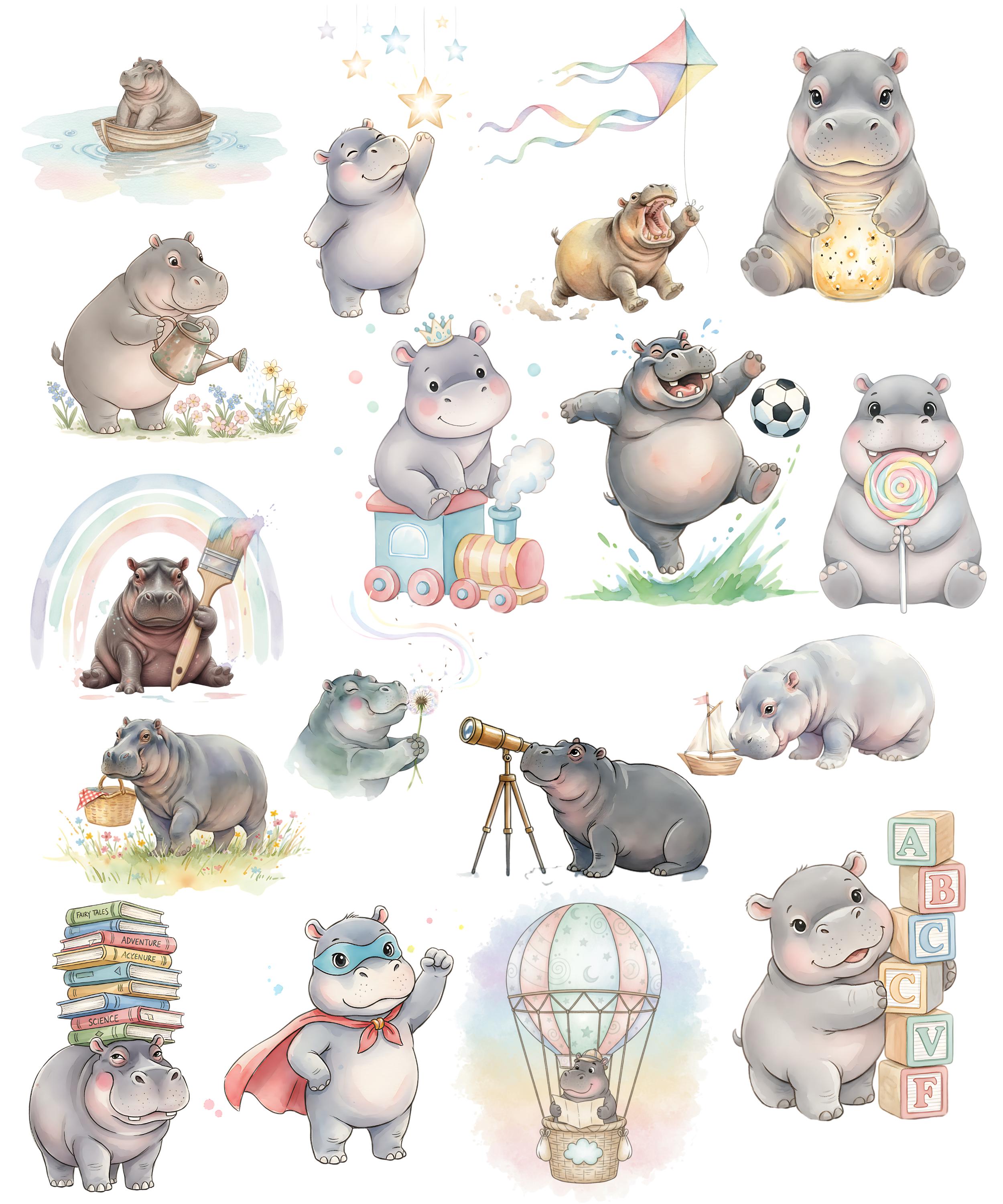 Hippo PNG Clipart Bundle Watercolor Cute Baby Hippo PNG Illustrations ...