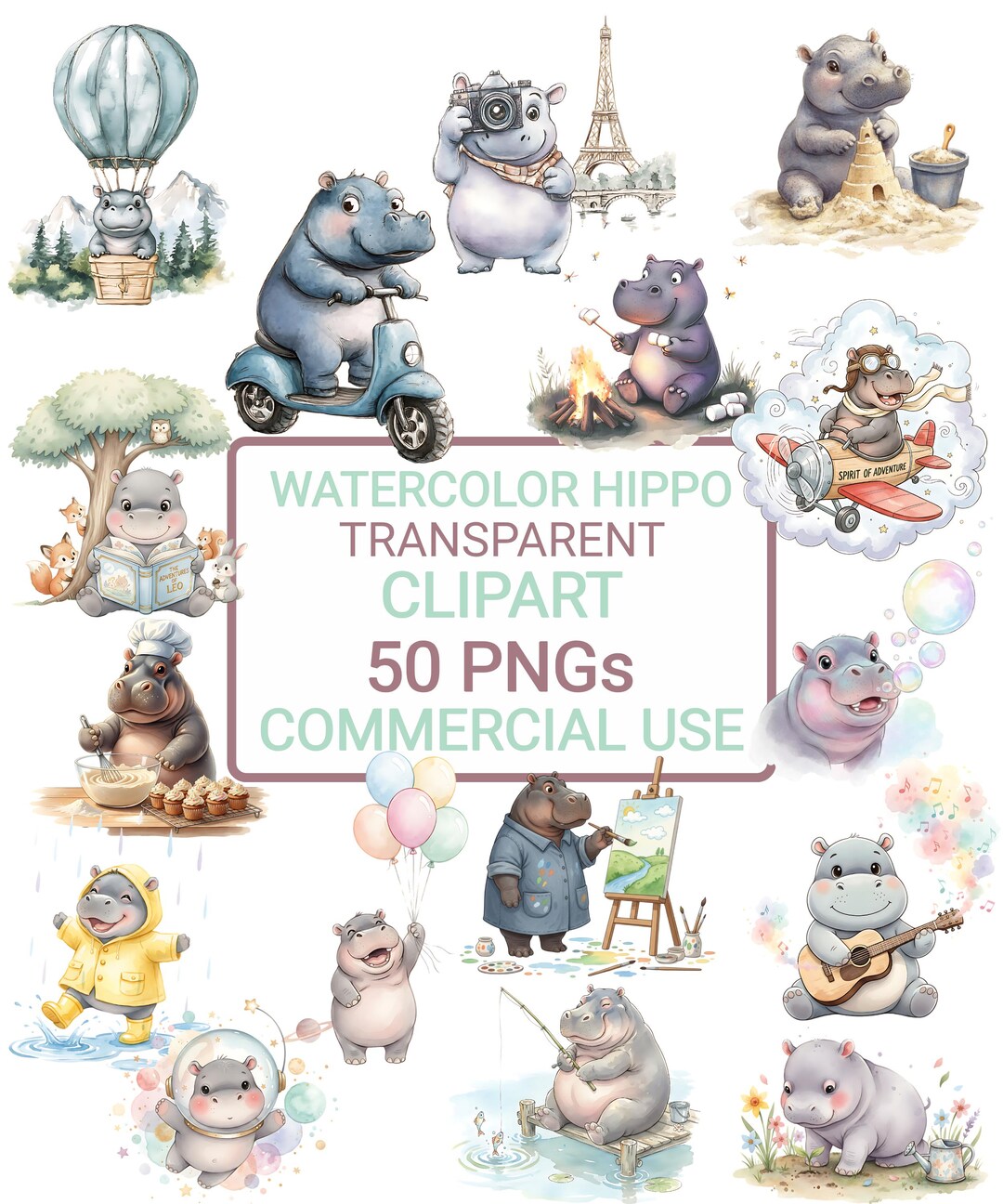 Hippo PNG Clipart Bundle Watercolor Cute Baby Hippo PNG Illustrations ...