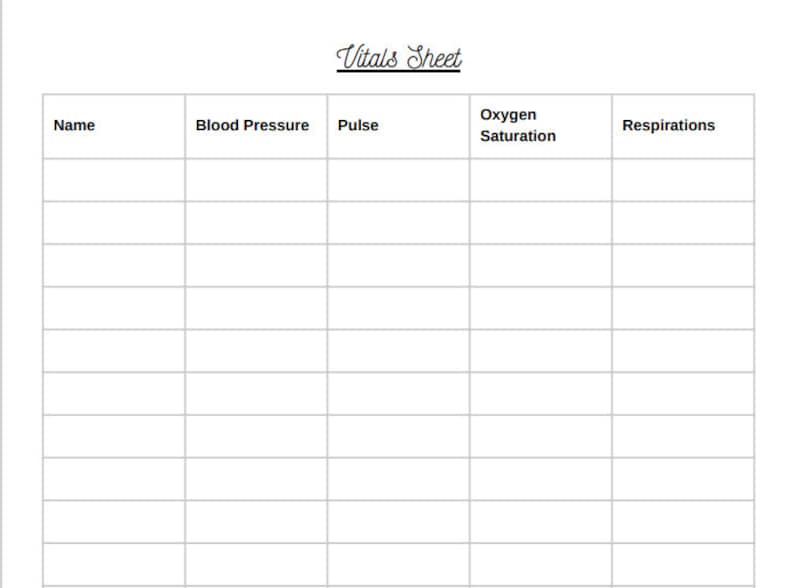 Printable Vitals Sheet for Healthcare Professionals | Vital Recording ...