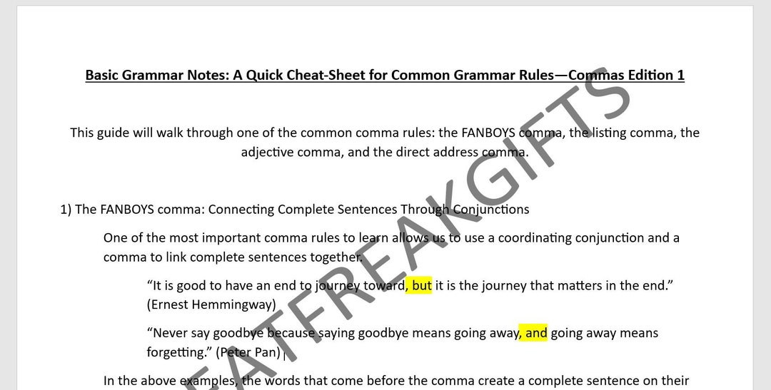 Basic Grammar Notes: A Cheat-sheet for a Common Comma Rule - Etsy