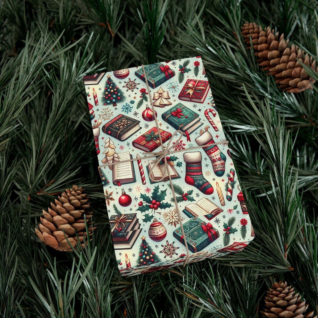 Christmas Book Lover Wrapping Paper - Holiday Gift Wrap Papers, Festive ...