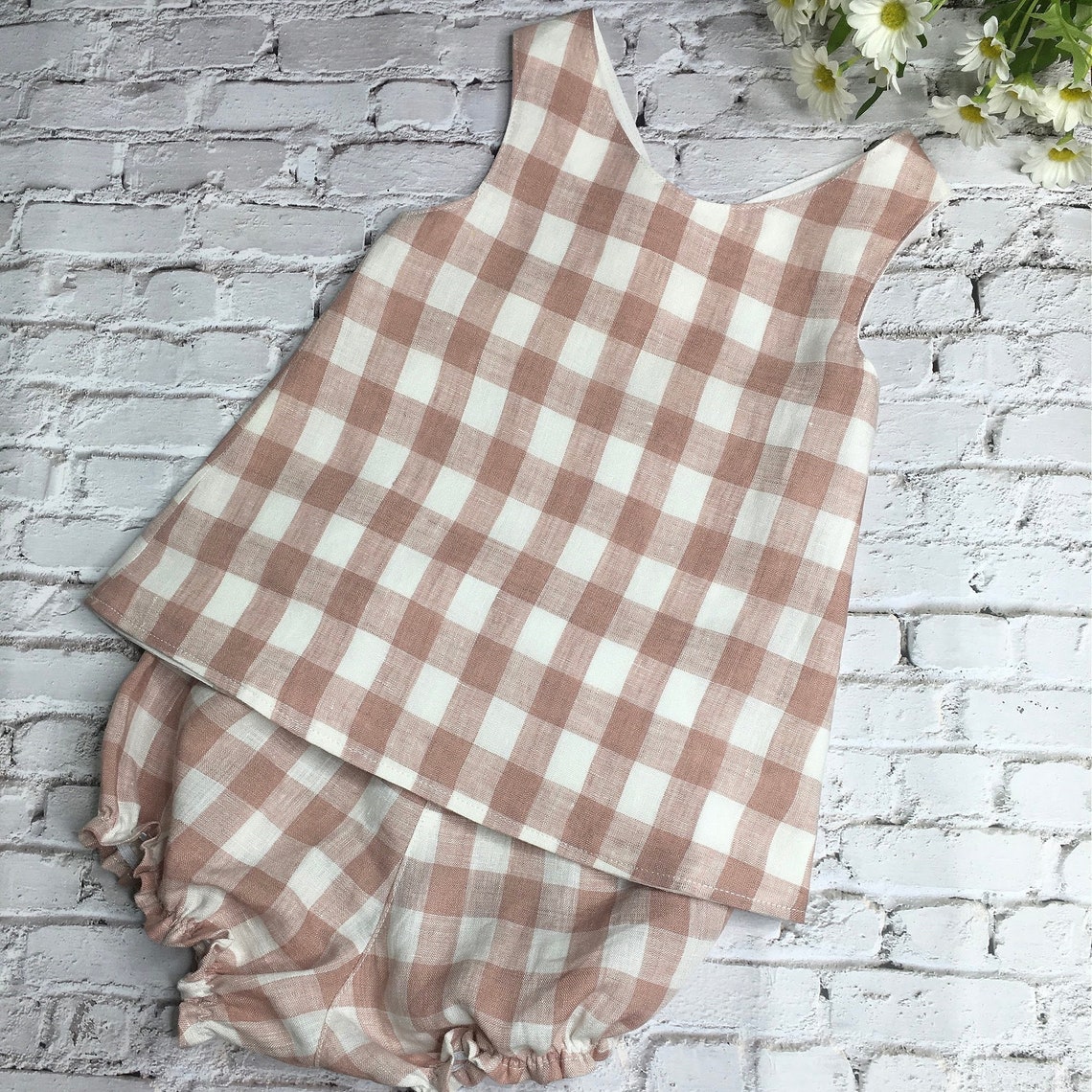 Cross Strap Linen Shift Top & Bloomers Set Dusty Pink Linen Gingham - Etsy