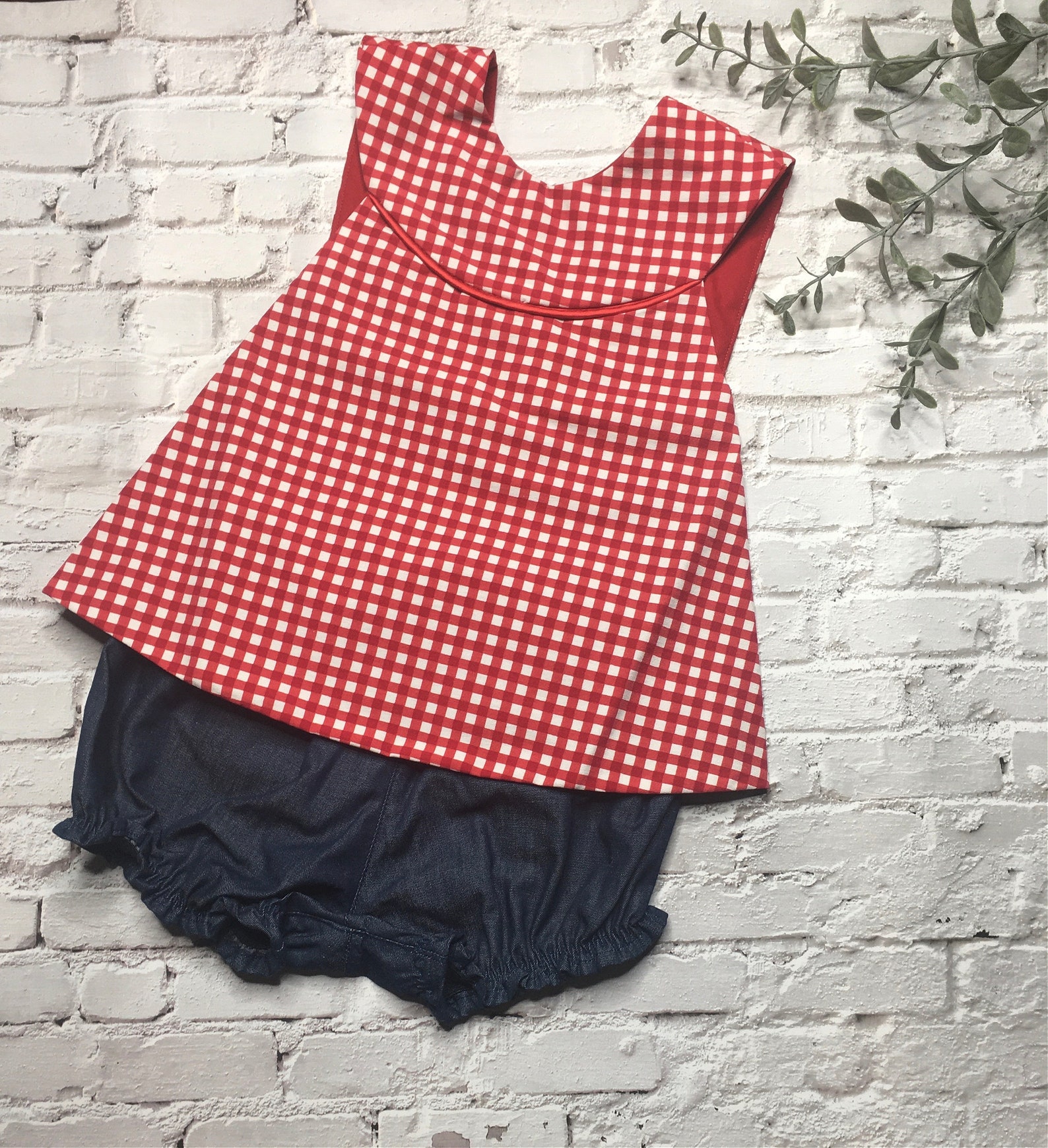 Piped Yoke Cross Over Top With Denim and Red Bloomers Set Red and White ...