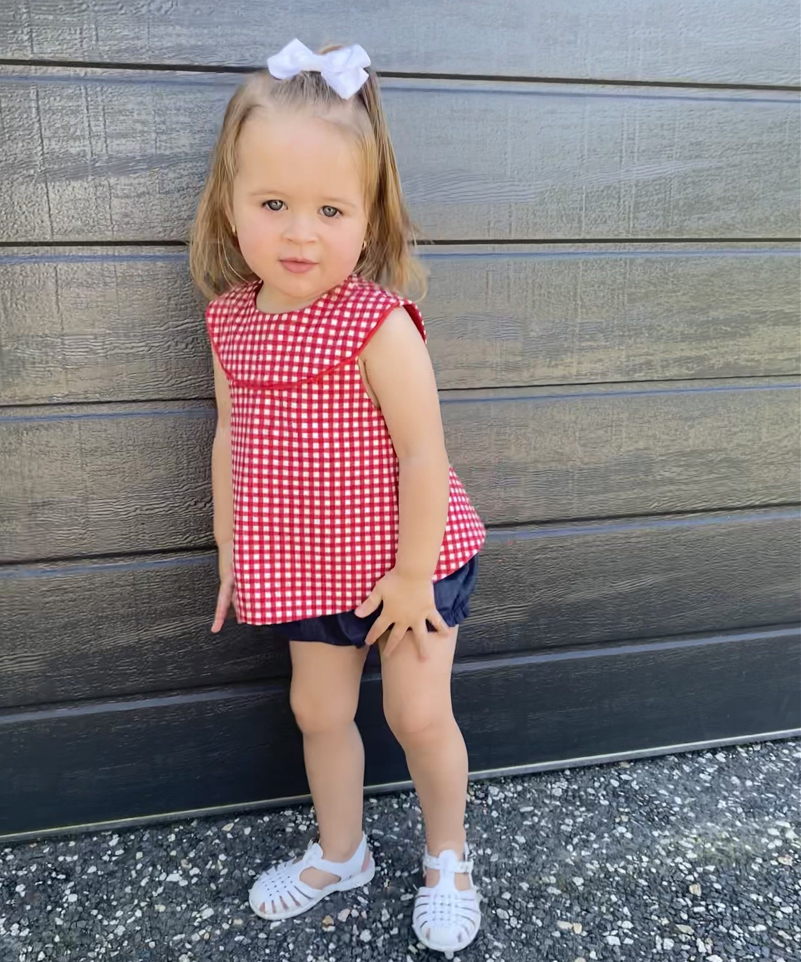 Piped Yoke Cross Over Top With Denim and Red Bloomers Set Red and White ...