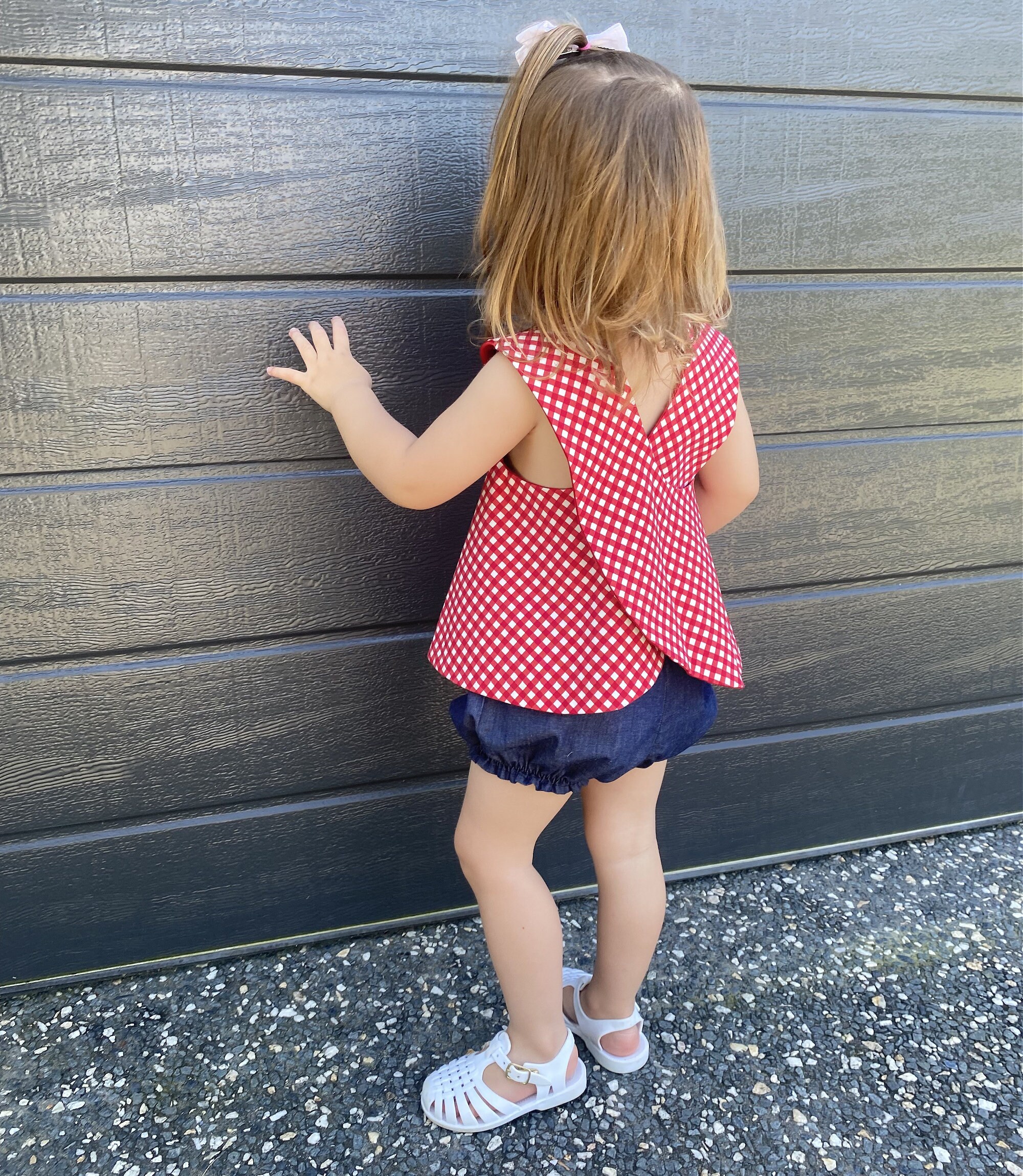 Piped Yoke Cross Over Top With Denim and Red Bloomers Set Red and White ...