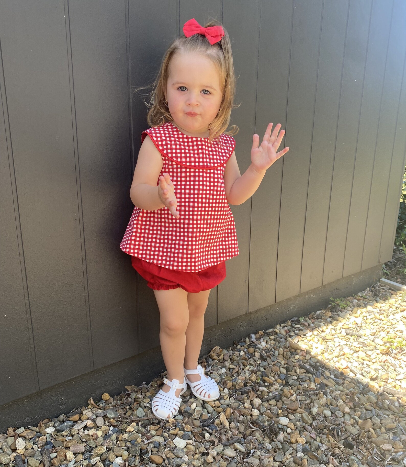 Piped Yoke Cross Over Top With Denim and Red Bloomers Set Red and White ...