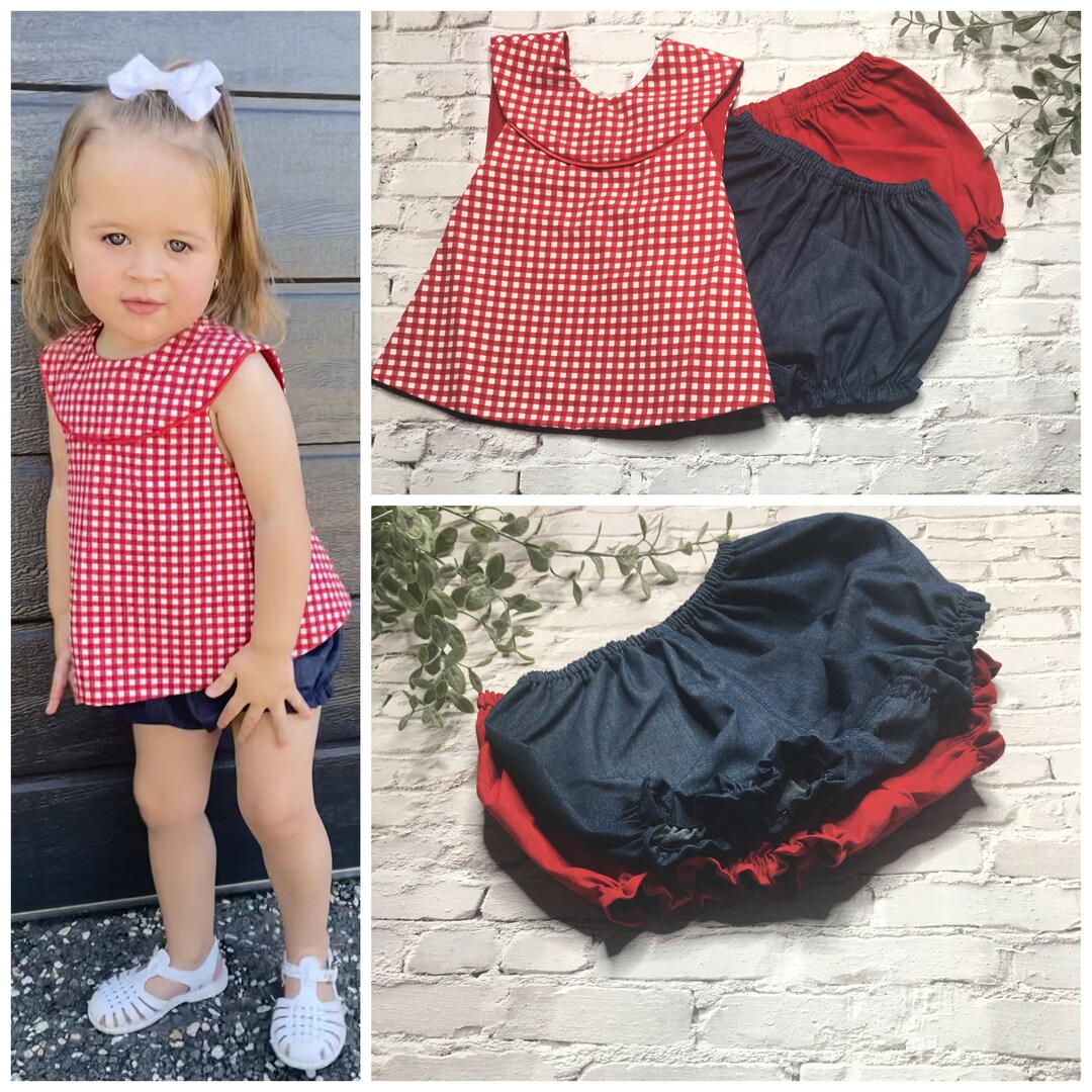 Piped Yoke Cross Over Top With Denim and Red Bloomers Set Red and White ...