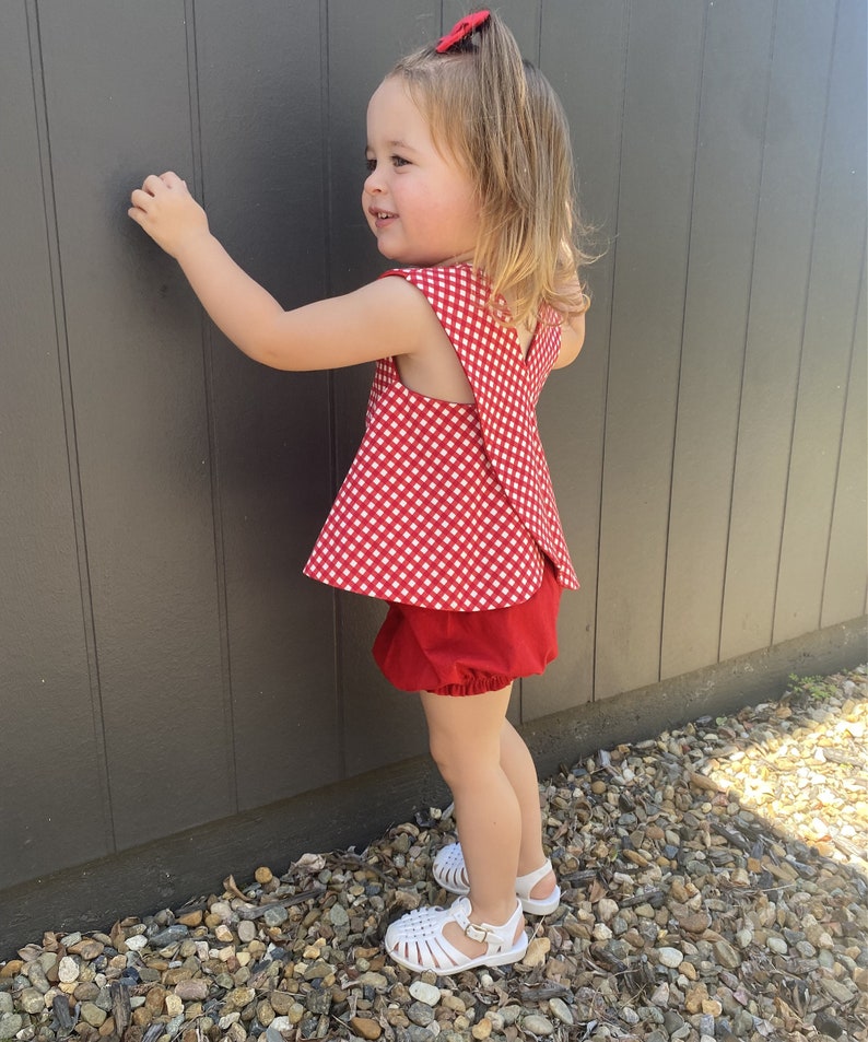 Piped Yoke Cross Over Top With Denim and Red Bloomers Set Red and White ...