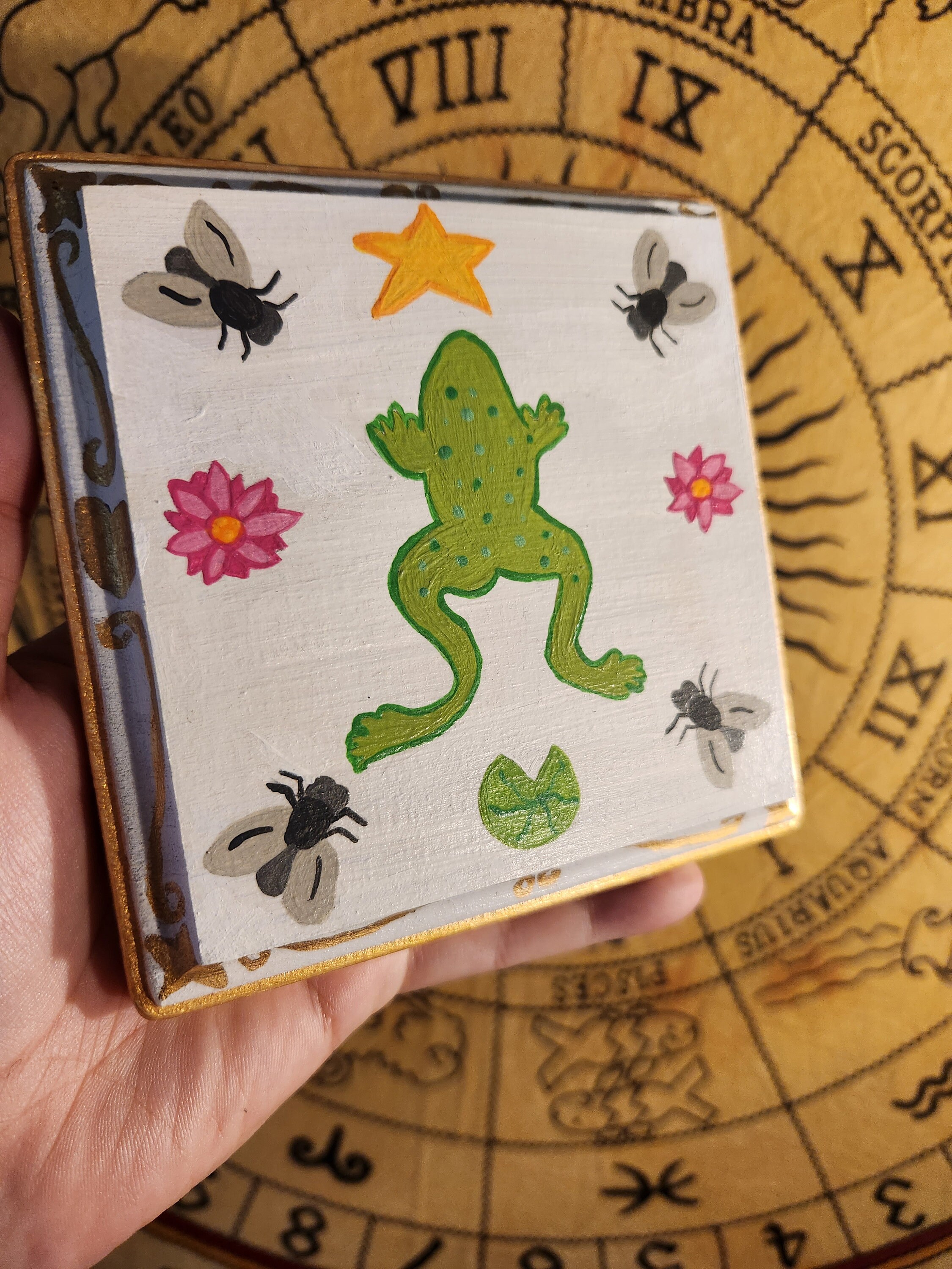 Frog and Flies Gold Frame Wood Block Painting - Etsy