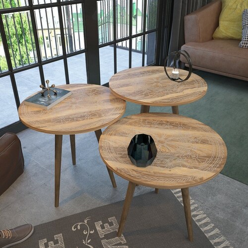Walnut Nesting Coffee Tables Set of 2 Round Wood Side Table - Etsy