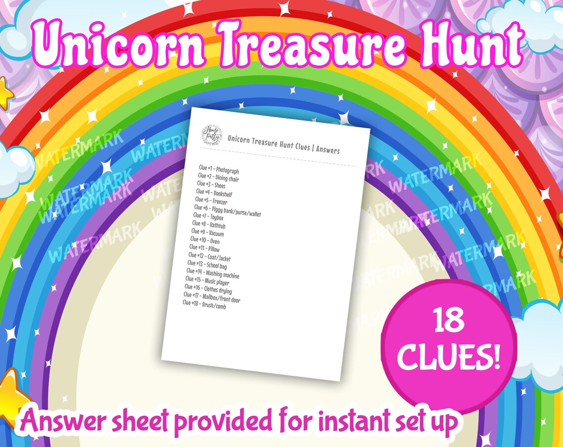 Unicorn Treasure Hunt for Kids, Unicorn Scavenger Hunt Clues, Unicorn ...