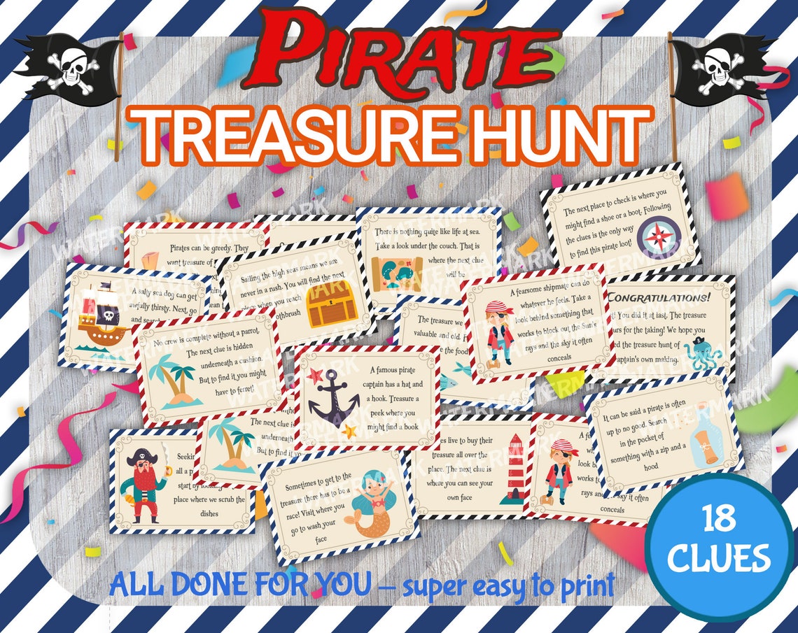 Pirate Treasure Hunt, Pirate Treasure Hunt Clues, Pirate Birthday ...