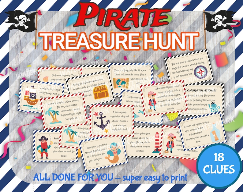 Pirate Treasure Hunt, Pirate Treasure Hunt Clues, Pirate Birthday ...