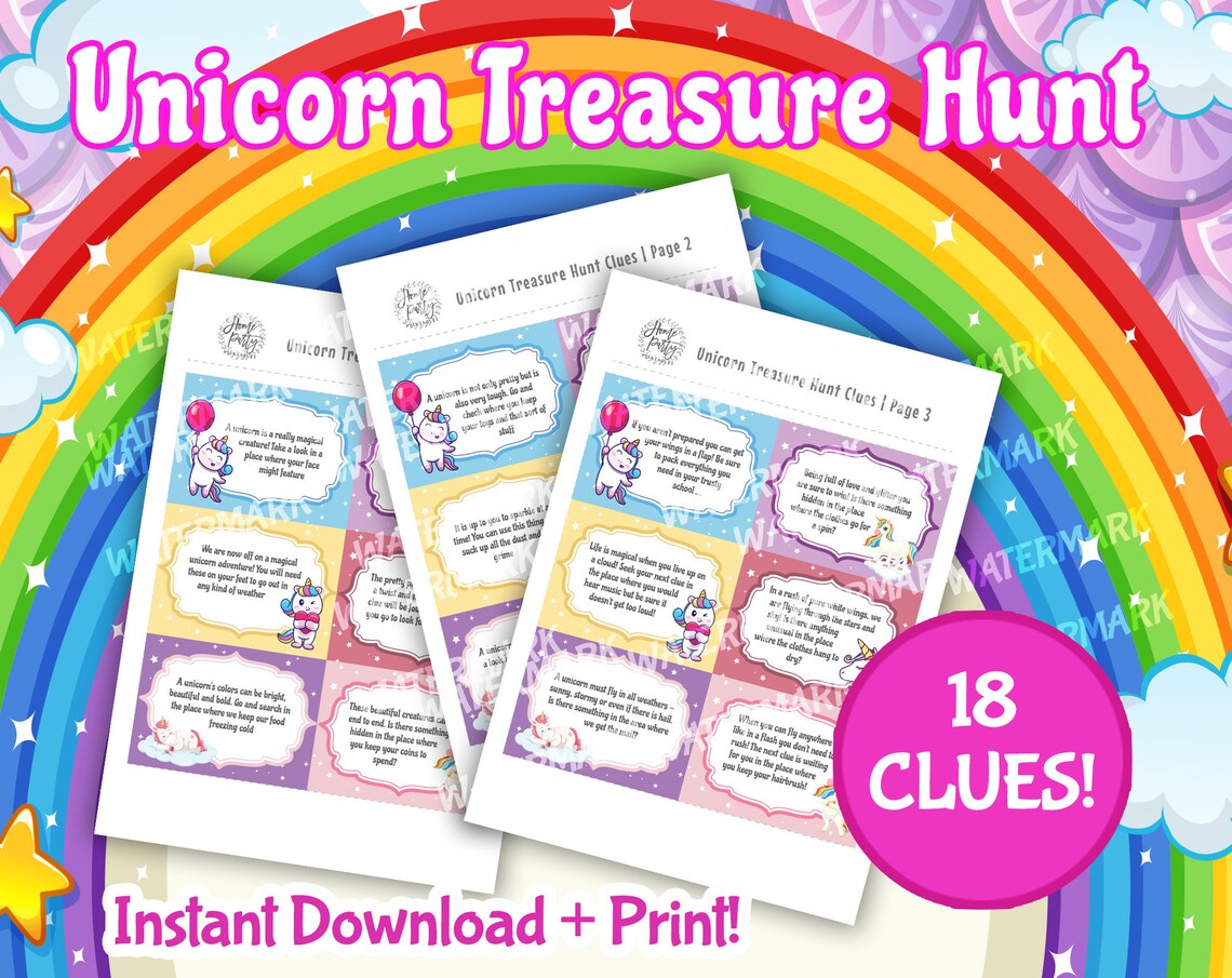Unicorn Treasure Hunt for Kids, Unicorn Scavenger Hunt Clues, Unicorn ...