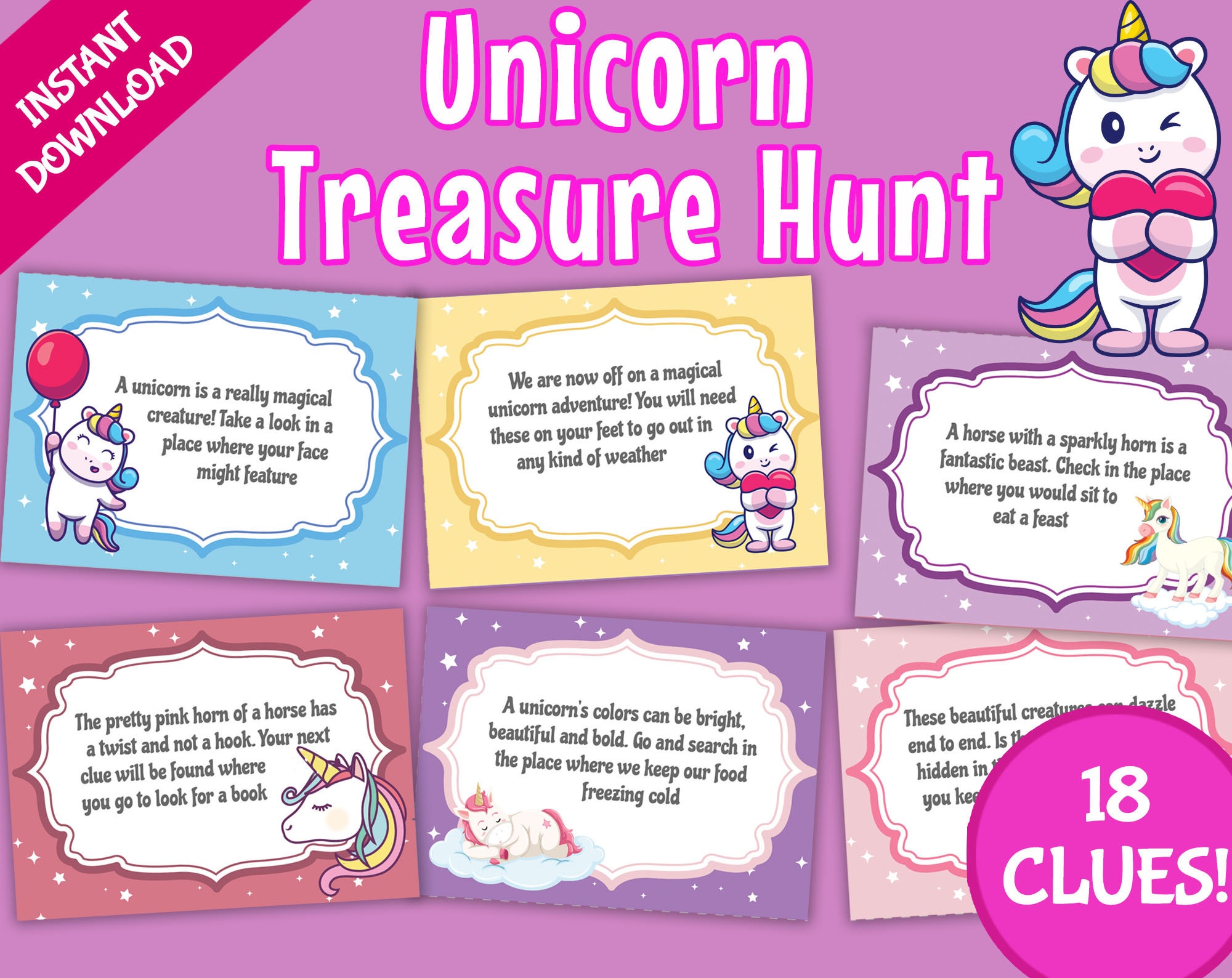 Unicorn Treasure Hunt for Kids, Unicorn Scavenger Hunt Clues, Unicorn ...