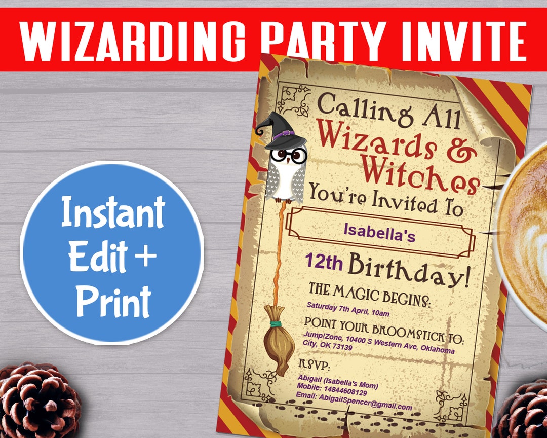 Editable Wizard and Witch Magic School Birthday Party Invitation Card ...