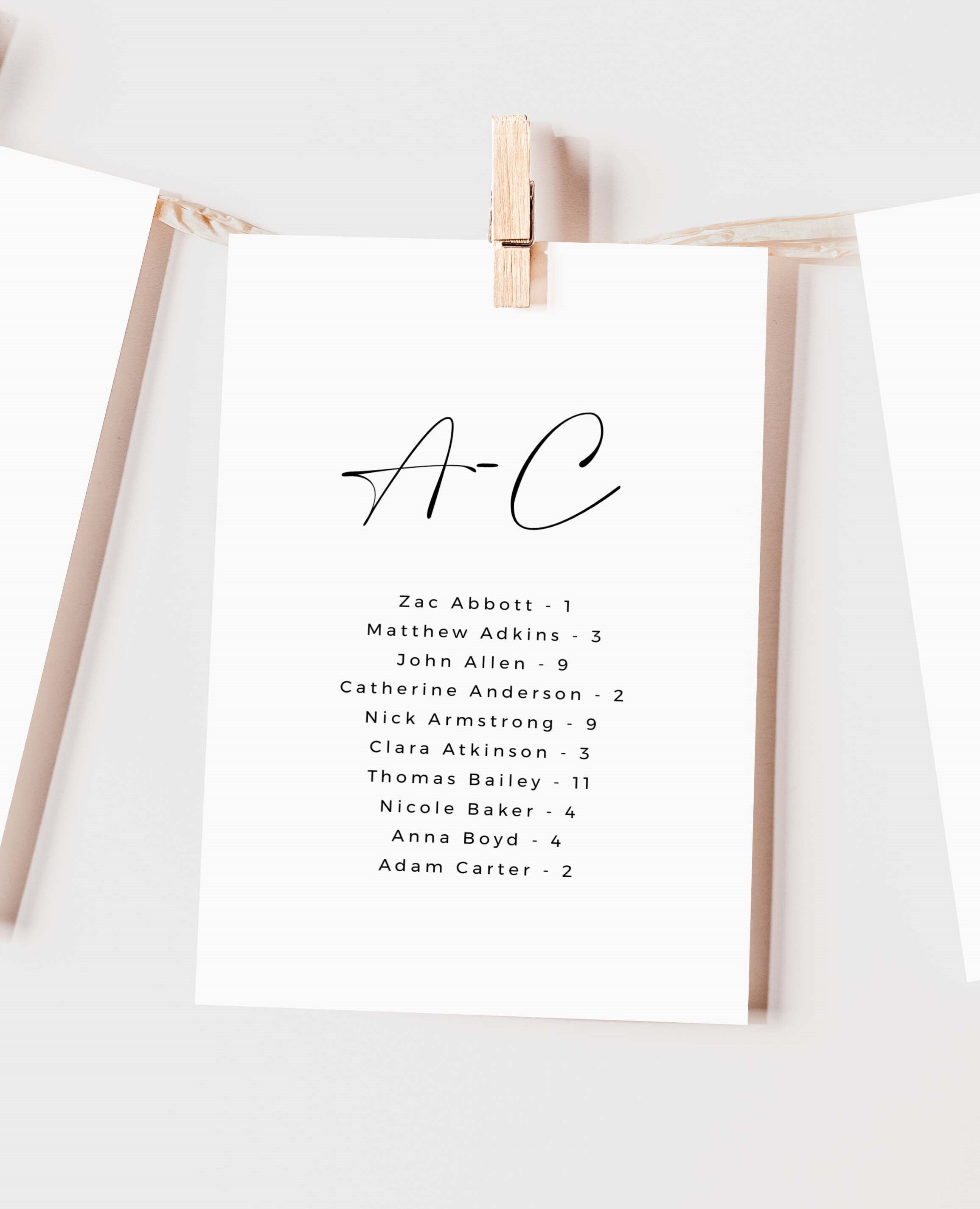 Alphabetical Wedding Seating Chart Cards Template Download - Etsy