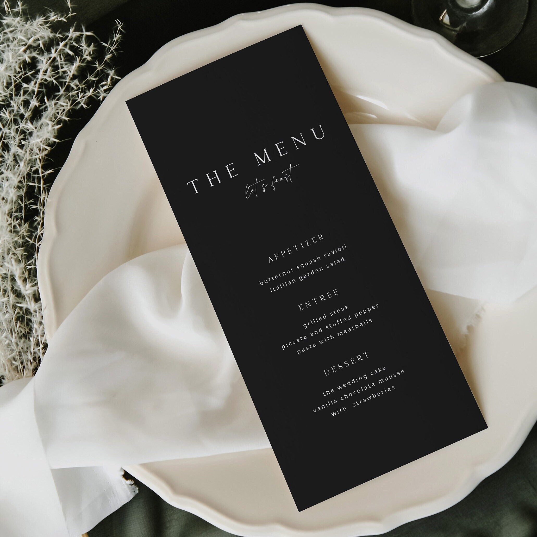 ELLIE Minimal Modern Wedding Menu, Black Wedding Menu Template Download ...
