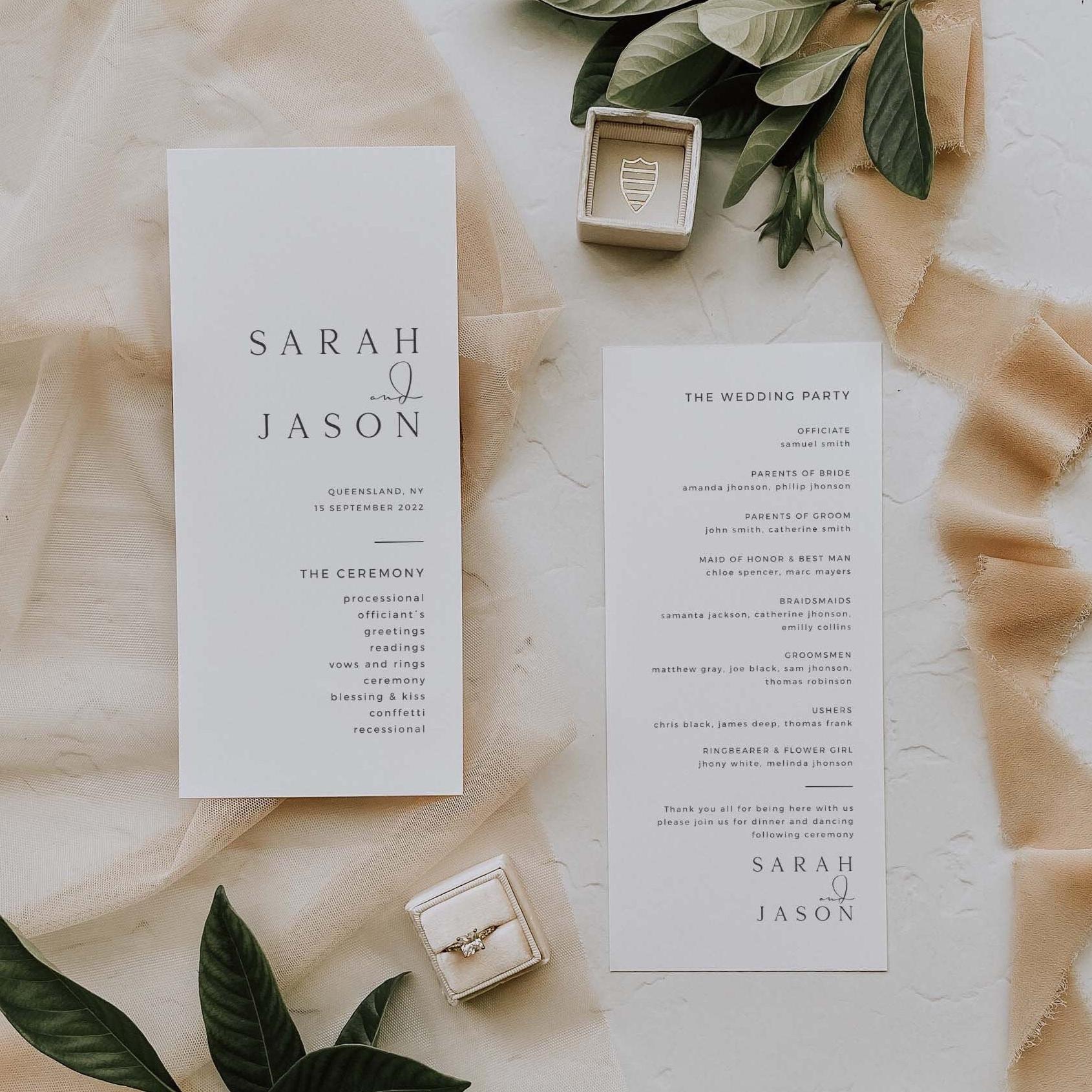 SARAH Minimal Wedding Program Template, Simple Wedding Program Tamplate ...