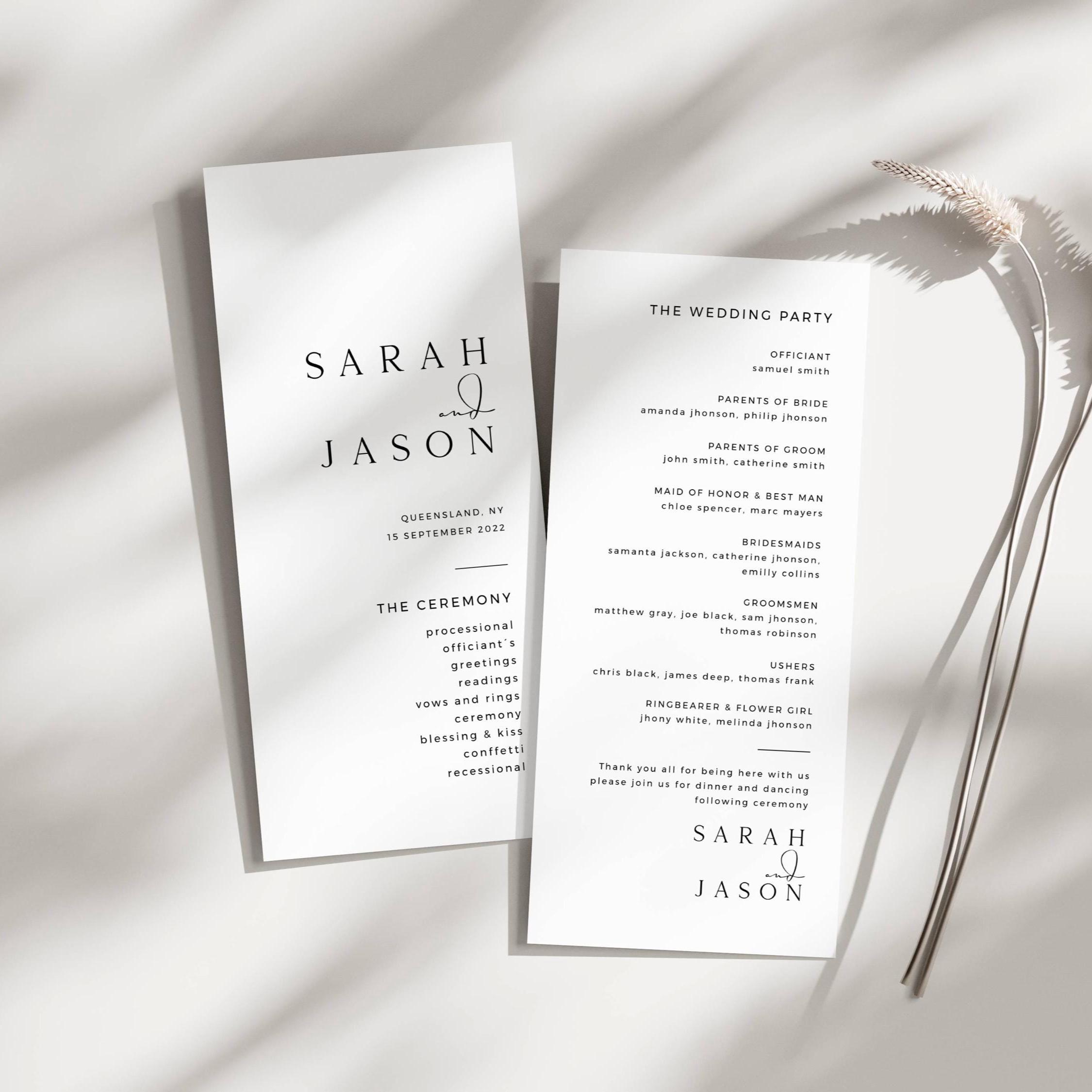 SARAH Minimal Wedding Program Template, Simple Wedding Program Tamplate ...