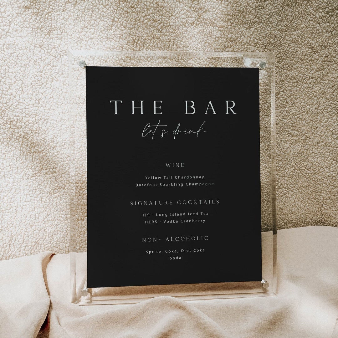 ELLIE Modern Black Wedding Bar Menu Template, Minimalist Black Bar Menu ...
