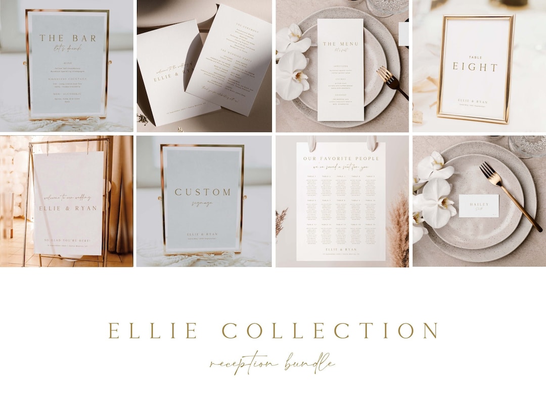 ELLIE Minimal Gold Wedding Reception Bundle Template, Printable Gold ...
