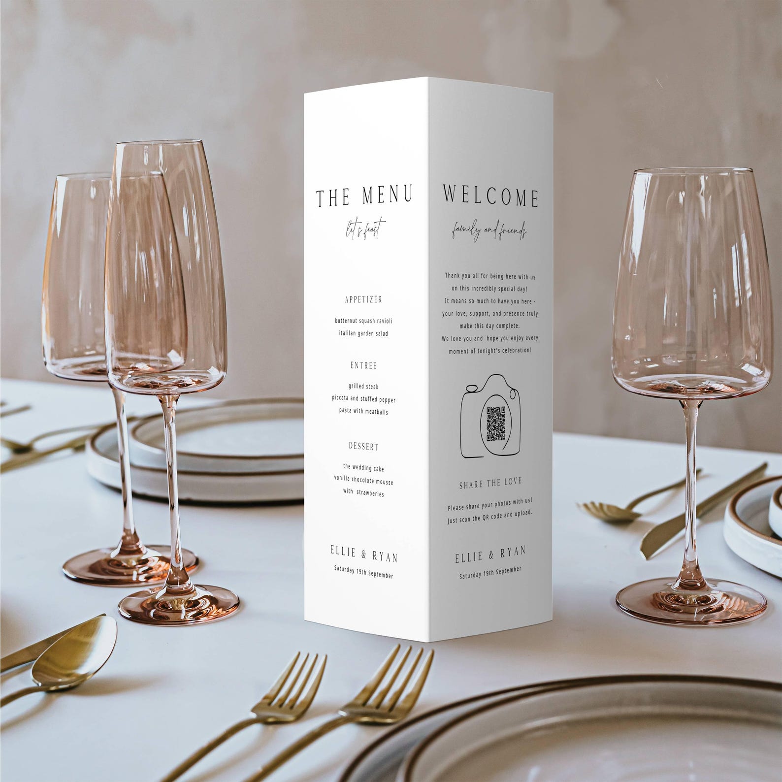 ELLIE Trifold Wedding Menu & Table Number, Triangle Table Stand With QR ...