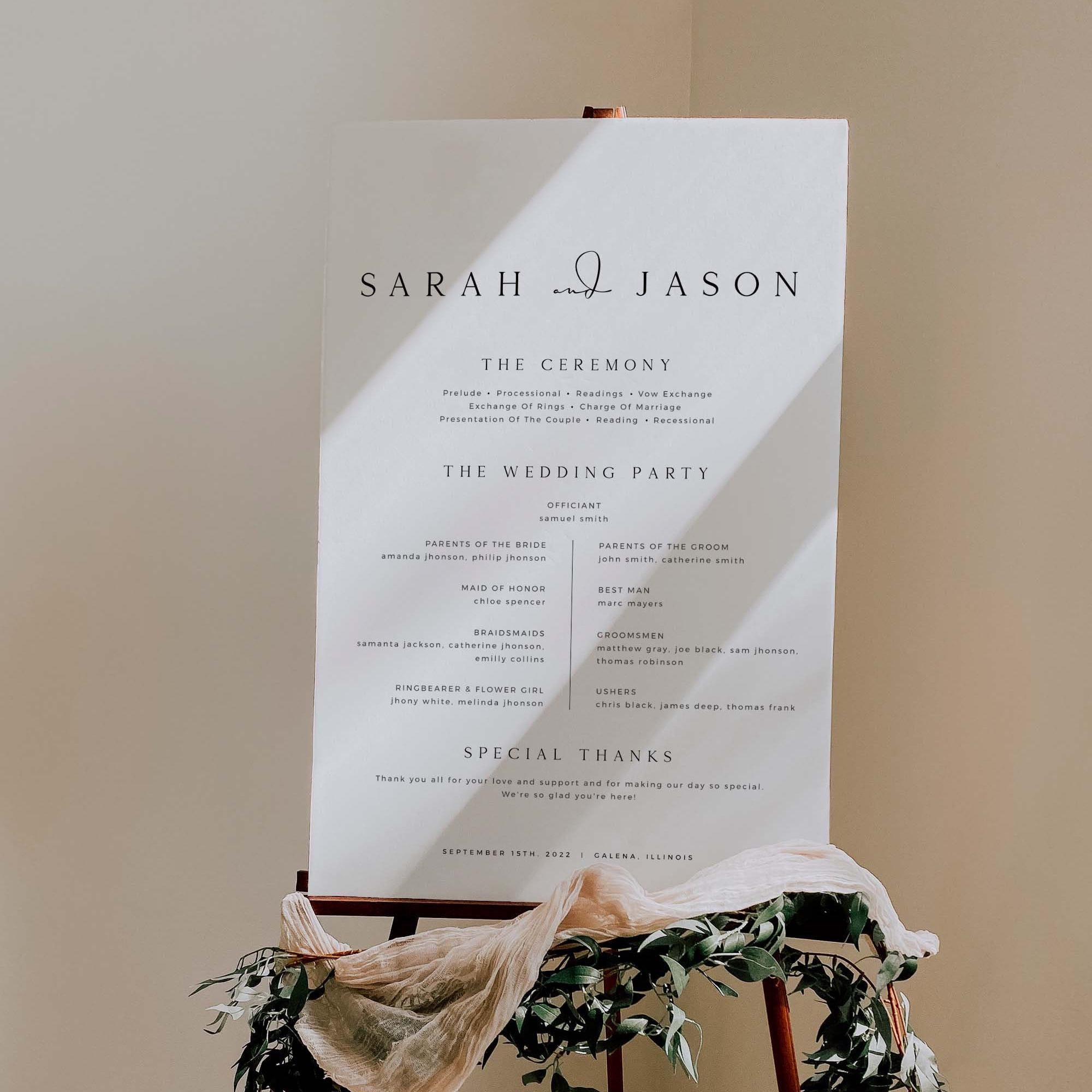 SARAH Minimalist Wedding Program Sign Template, Modern Wedding Program ...