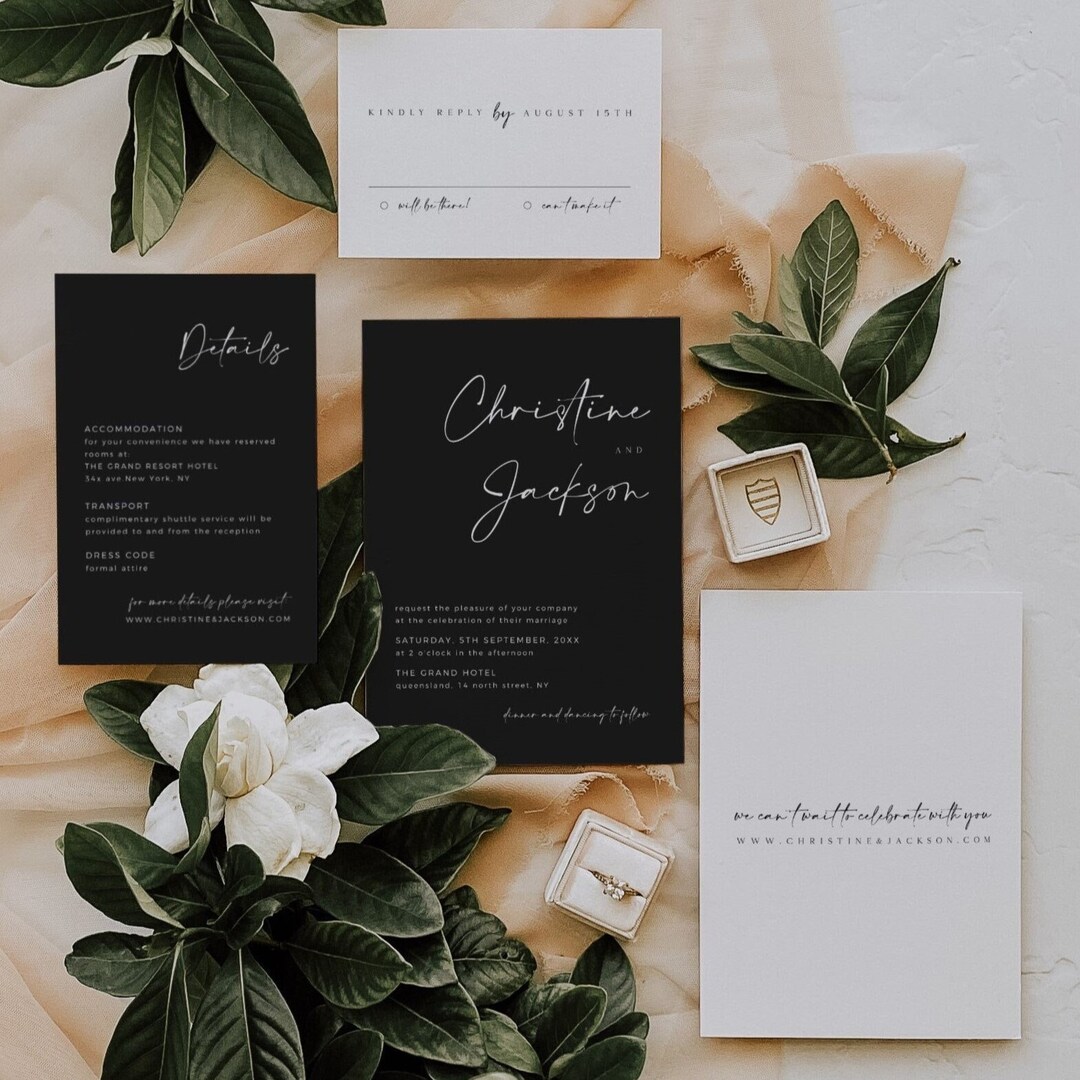 CHRISTINE Black Wedding Invitation Suite Template – Printable, Editable ...