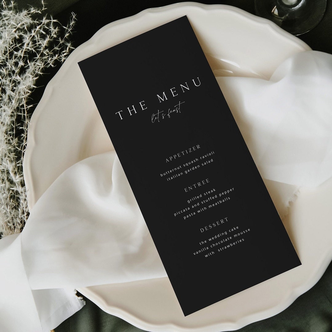 ELLIE Minimal Modern Wedding Menu, Black Wedding Menu Template Download ...