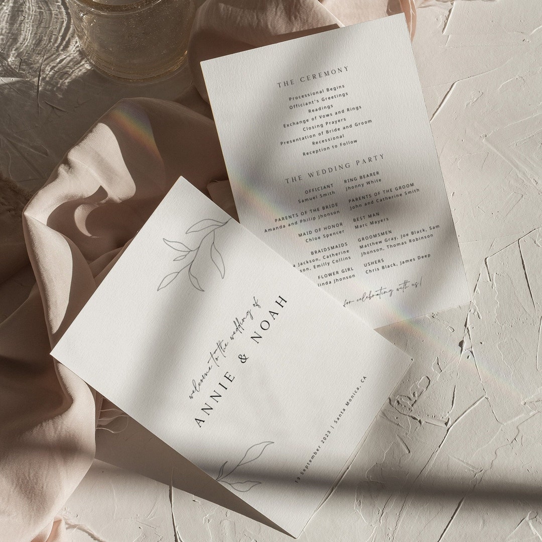 ANNIE Minimal Botanical Fine Art Wedding Program Template, Simple Fine ...