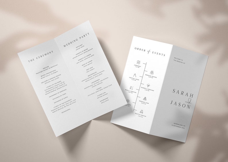 SARAH Minimal Bifold Wedding Program Template, Foldable Wedding Program ...