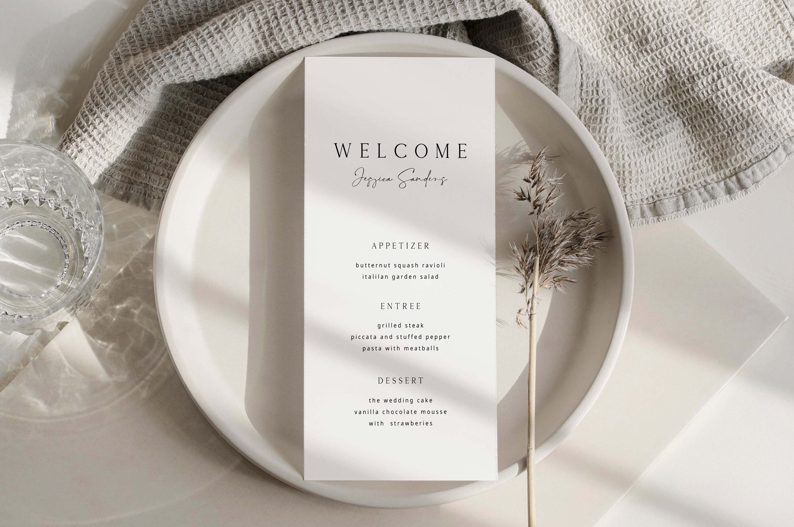 ELLIE Minimal Wedding Menu With Name, Modern Menu Place Card Template ...