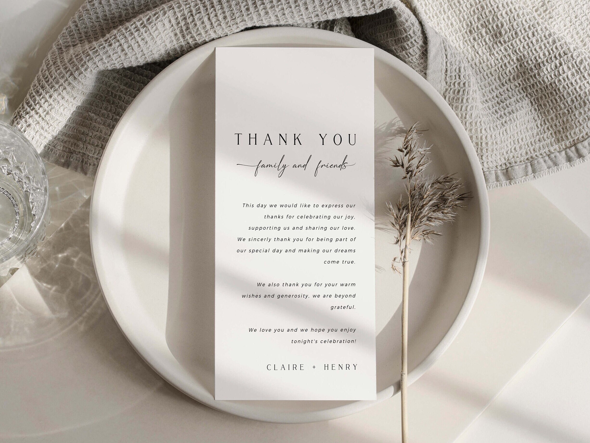 CLAIRE Minimal Wedding Table Thank You Card Template Download, Simple ...